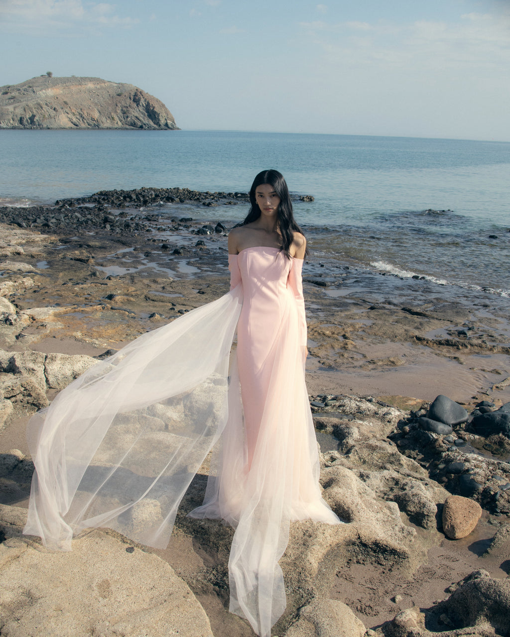 Off-shoulder Crepe Gown with Half Moon Neckline and Tulle Train – Bazza ...